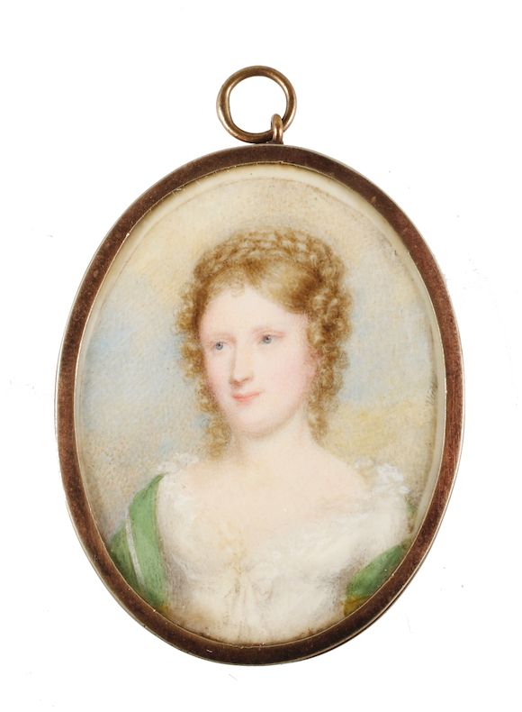 Bonhams : English School, circa 1810 A Lady, wearing white dress with ...