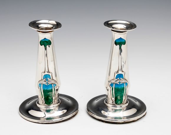 Bonhams : An Art Nouveau pair of silver & enamel candlesticks by ...