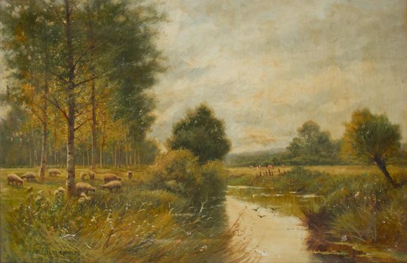 Bonhams : William Langley (British, 1852-1922) Sheep grazing by a river
