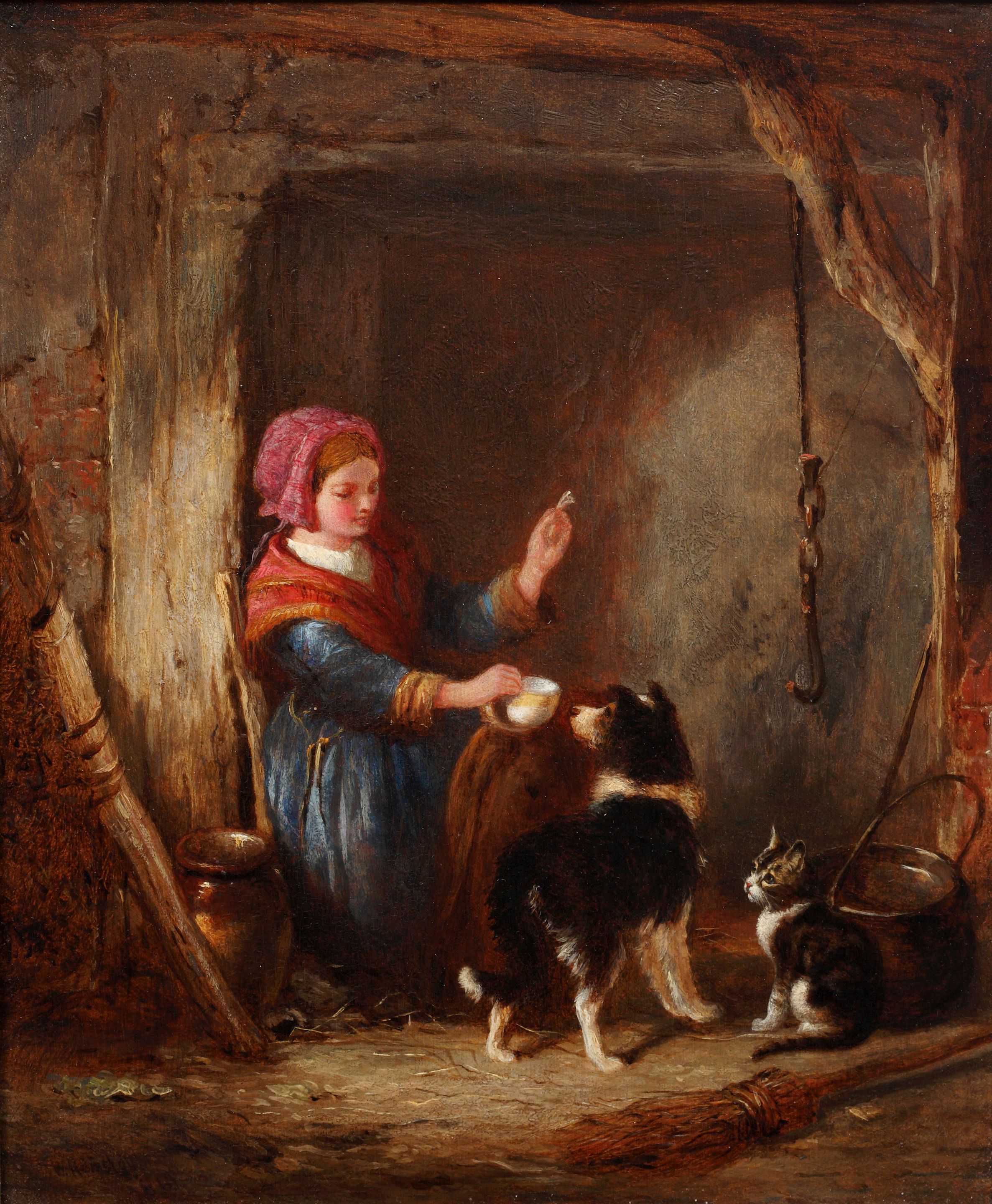 Bonhams : William Hemsley (British, 1819-1893) Girl with a dog and cat ...