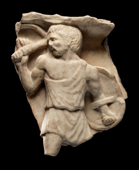 Bonhams : A Roman marble relief of a gladiator