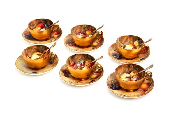 Bonhams : A Royal Worcester fruit painted boxed six piece tea service, painted by William ...