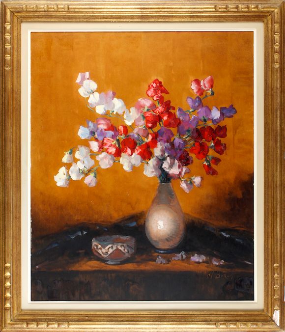 Bonhams : Clemence Biron (born 1889) Still life with vase of sweetpeas