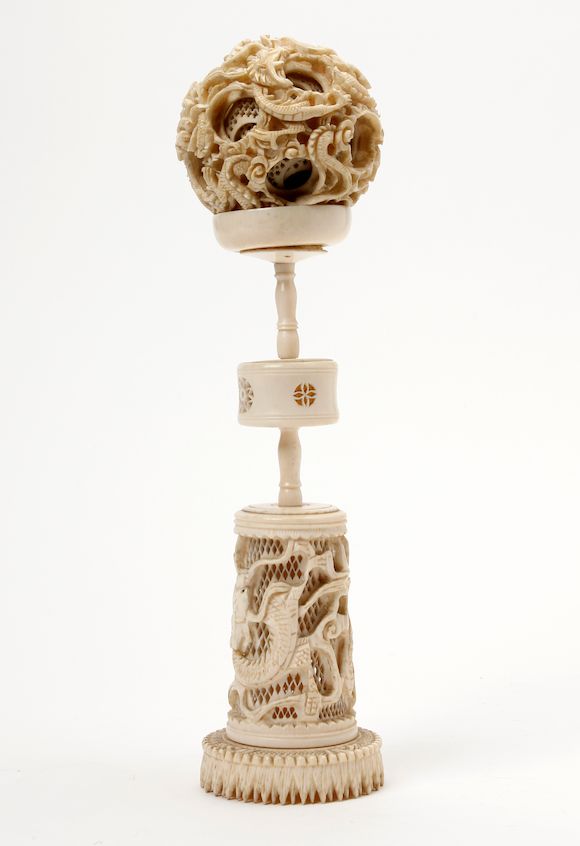 Bonhams : A Japanese carved ivory puzzle ball on stand Late 19th Century