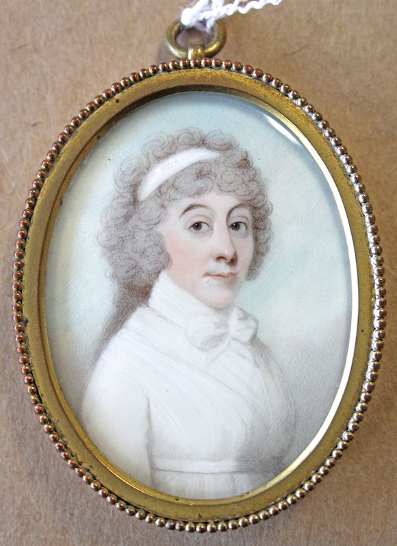 Bonhams : English School, circa 1790 A Lady, wearing white dress, fichu ...