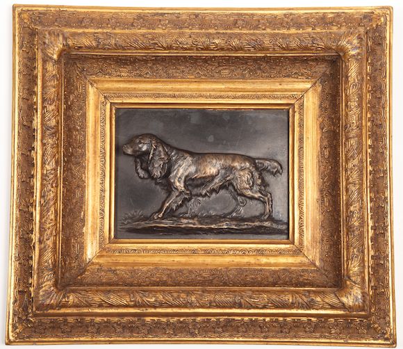 Bonhams : A metal plaque of a hunting dogSigned F Diller