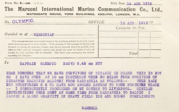 Bonhams : TITANIC DISASTER—MARCONI MESSAGES #32-37. A group of six ...