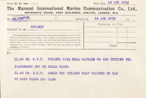 Bonhams : [TITANIC] Three Marconi messages between R.M.S. Titanic and R ...