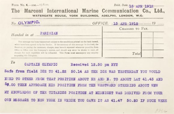 Bonhams : [TITANIC] A group of 6 Marconi messages giving detailed ...