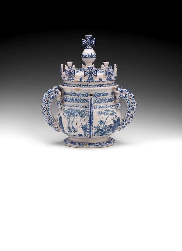 Bonhams : A very rare English delftware posset pot and cover, dated 1697,