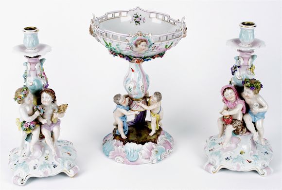 Bonhams : A pair of Dresden candlesticks and a centrepiece, early 20th ...