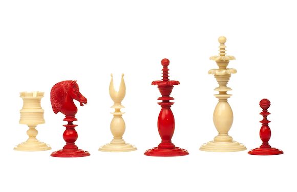 Bonhams : A Calvert Style ivory chess set, English, 19th century,