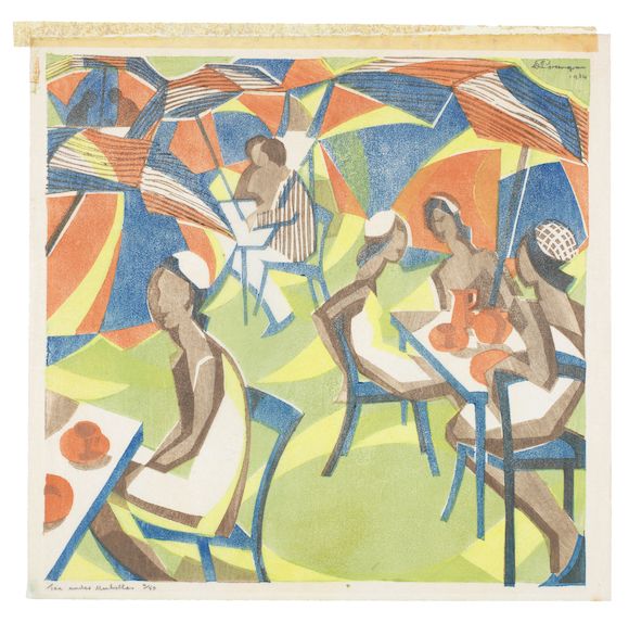 Bonhams : William Greengrass (British, 1896-1970) Tea under Umbrellas ...