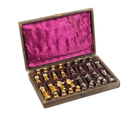 Bonhams : A St George pattern gilt-metal and engine-turned chess set ...