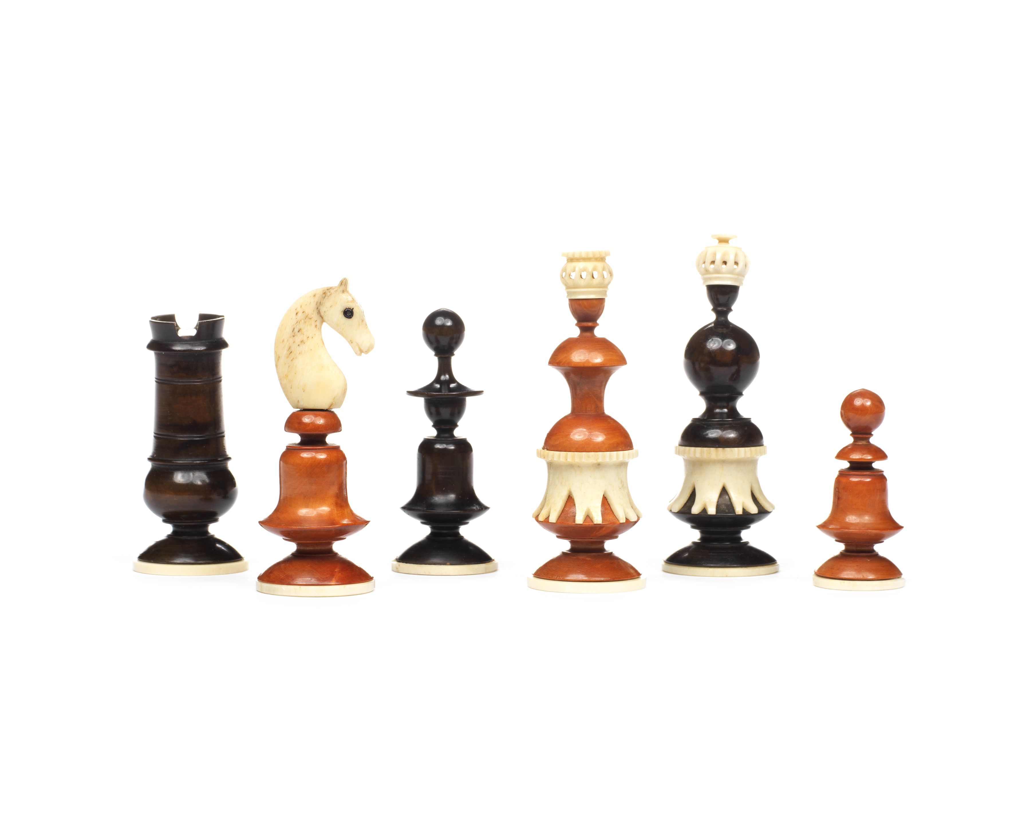 Bonhams : An Inverted Lyon Pattern fruitwood and bone mounted chess set ...