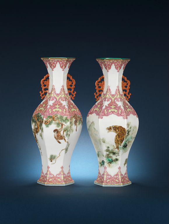 Bonhams : An unusual pair of famille rose hexagonal baluster vases 20th ...