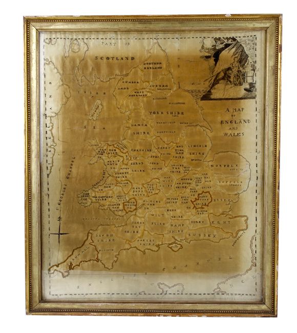 Bonhams : A silkwork map of England and Wales, early 19th century