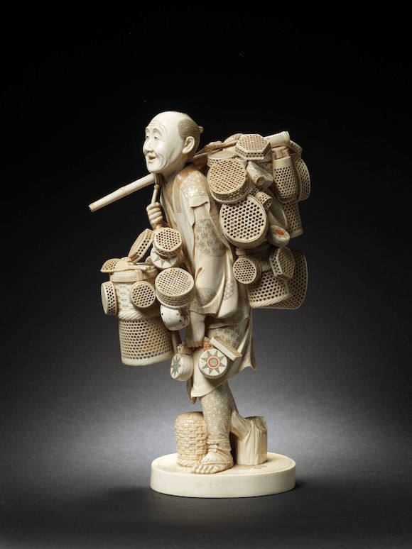 Bonhams : A tall ivory okimono of a basket seller By Josetsu, Meiji Period