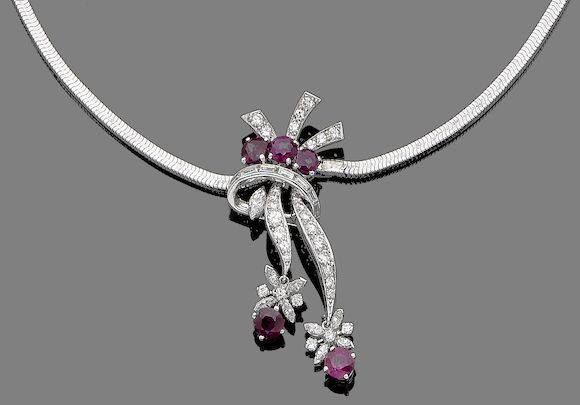 Bonhams : A diamond and ruby brooch/pendant necklace