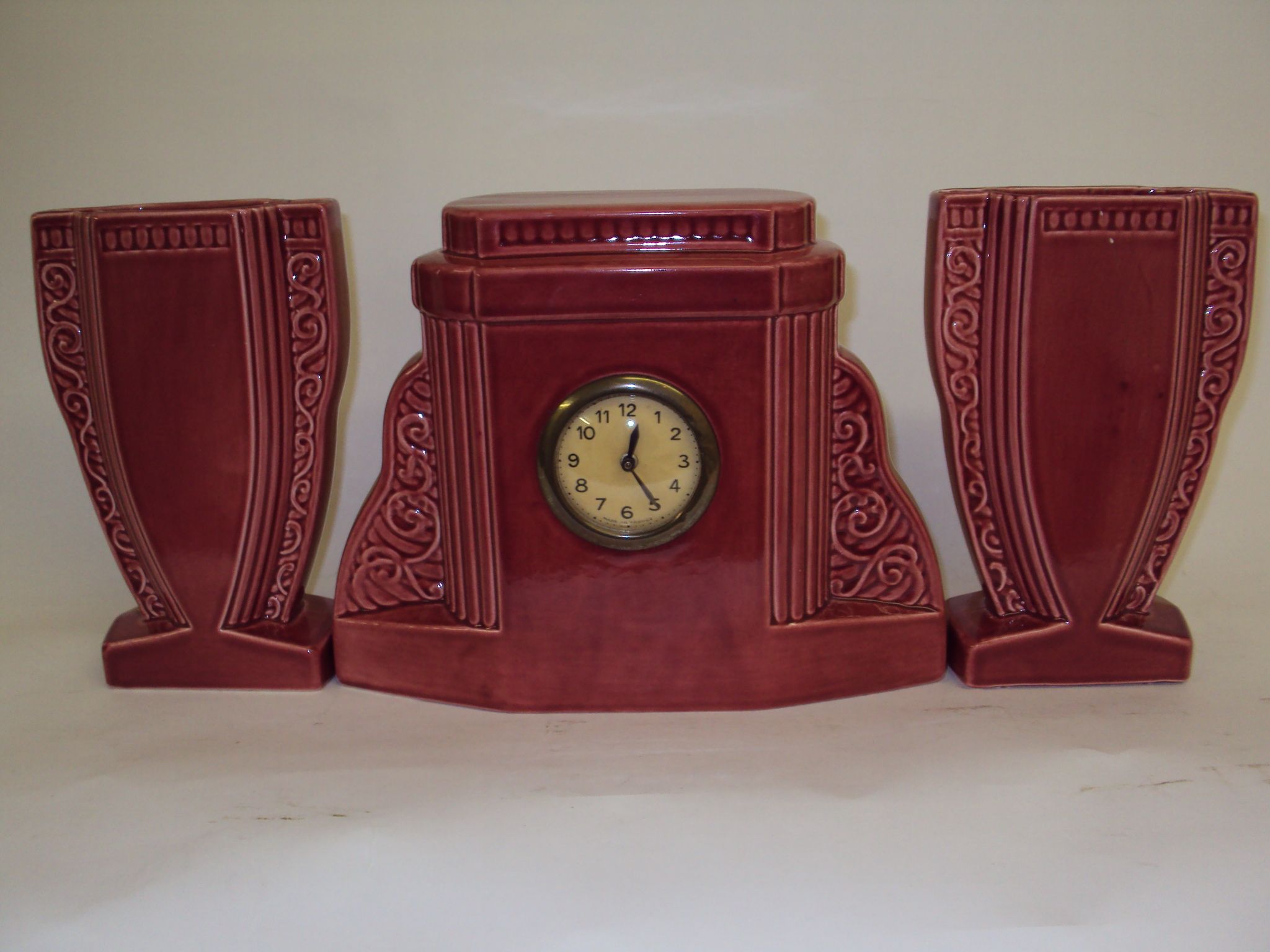 Bonhams : A Sarreguemines pottery clock garniture