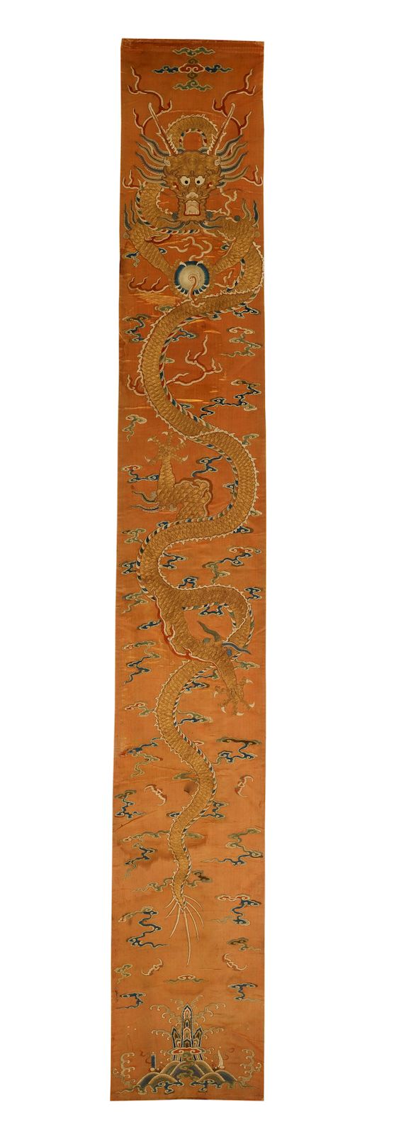 Bonhams : A long apricot-ground gold-thread 'dragon' hanging panel ...