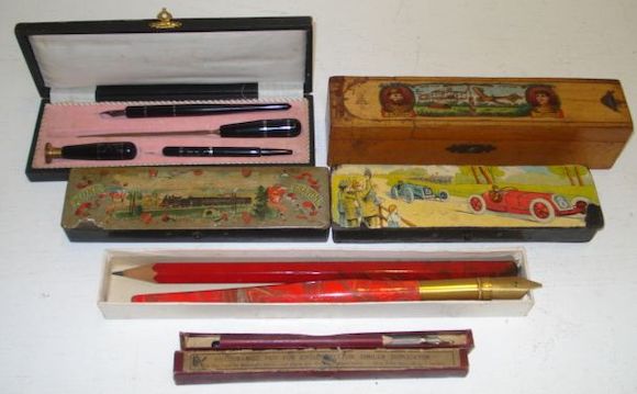 Bonhams : Two rectangular papier mache pencil cases, the cover of one ...
