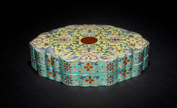 Bonhams : A famille rose, lozenge-shaped box and cover Qianlong six ...