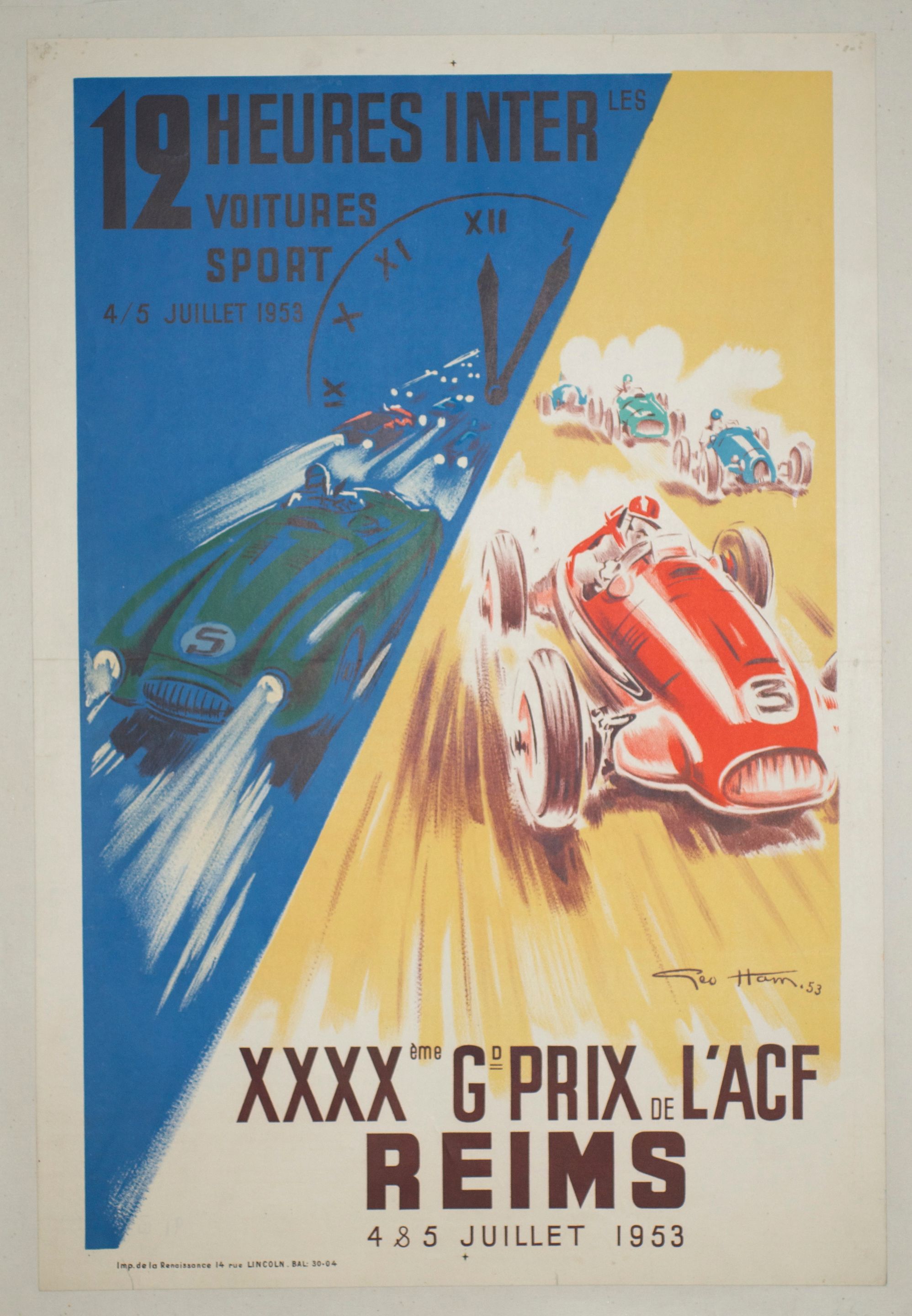 Bonhams Cars : A 1953 Reims race meeting poster after Geo Ham,