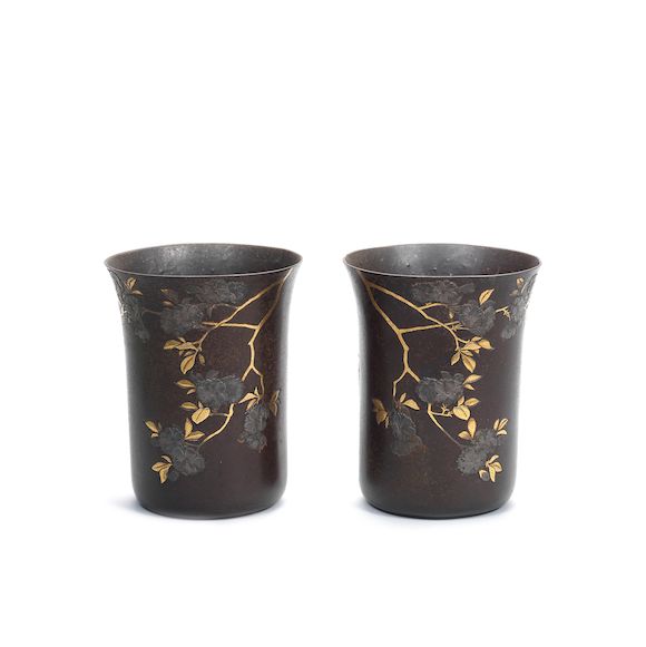 Bonhams : A pair of inlaid iron beakers By the Komai Company of Kyoto ...