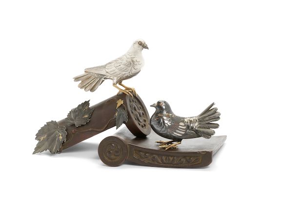 Bonhams : A silver and inlaid shibuichi okimono of two pigeons By ...