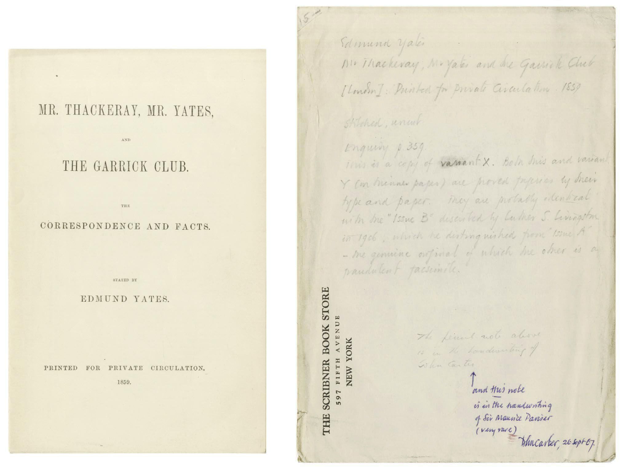 Bonhams : YATES (EDMUND) Mr. Thackeray, Mr. Yates and the Garrick Club ...