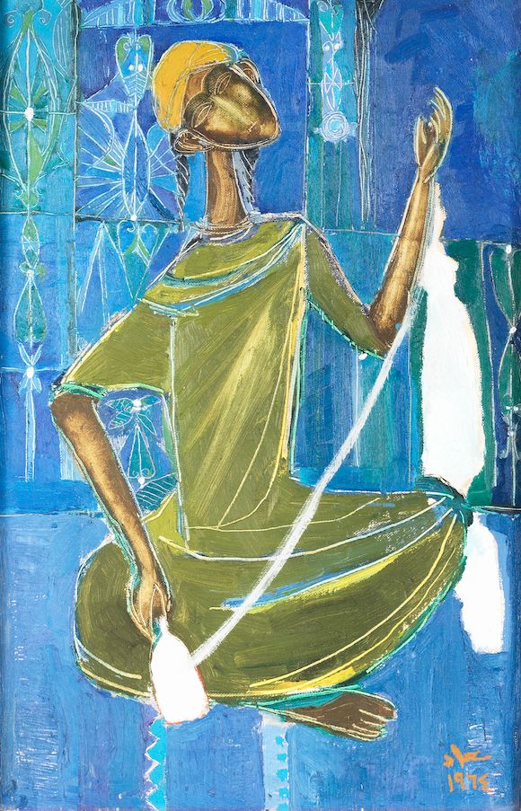 Bonhams : Suad al-Attar (Iraq, b. 1942) A seated woman winding wool