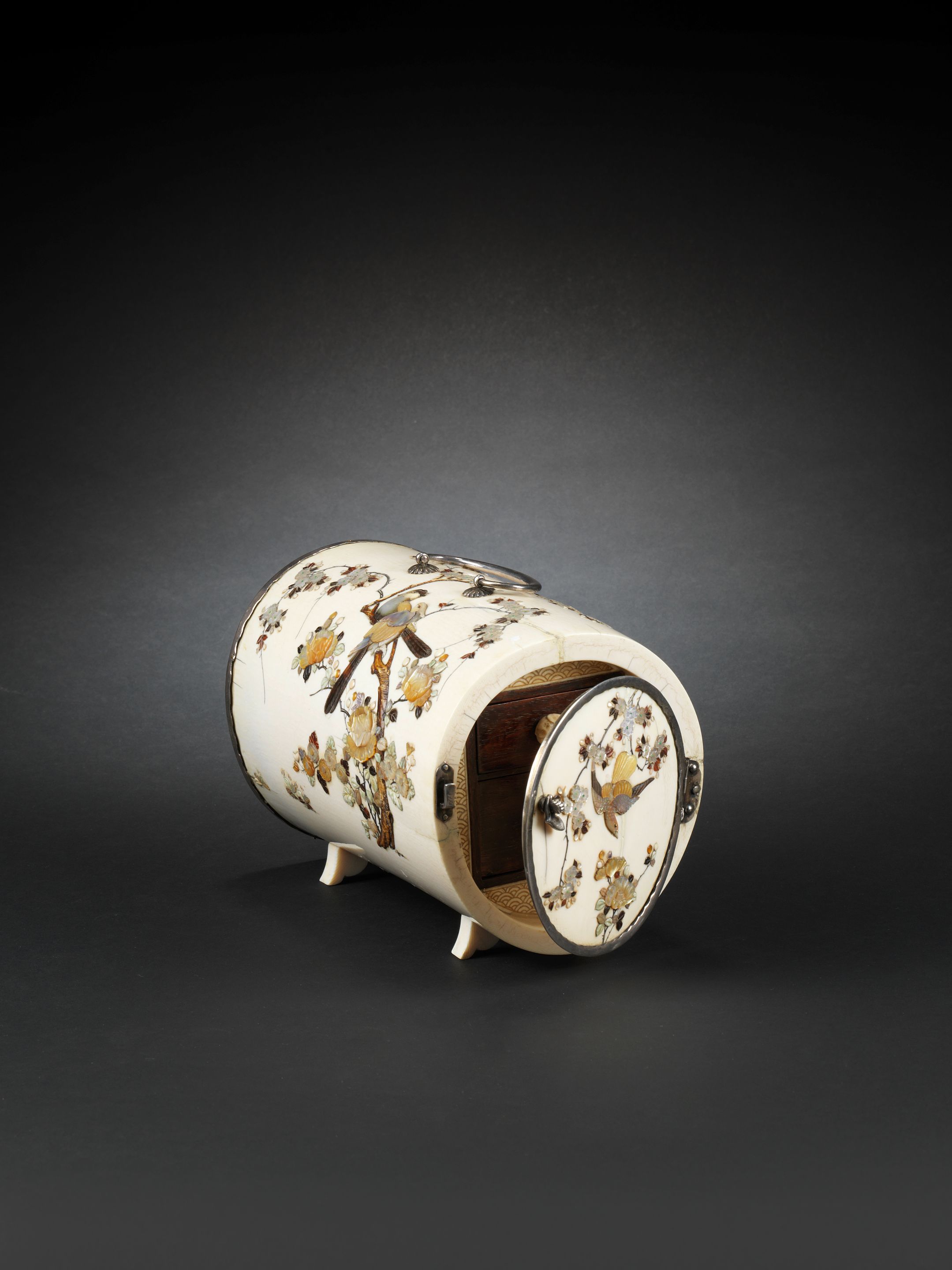 Bonhams : A Shibayama-style inlaid ivory drum-shaped kodansu (cabinet ...