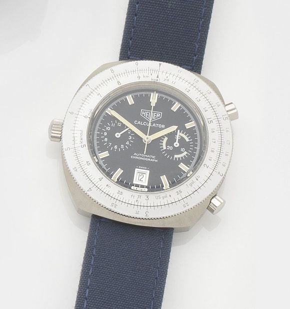 Bonhams : Heuer. A stainless steel automatic chronograph watch Calculator, Ref:110633, Circa 1972