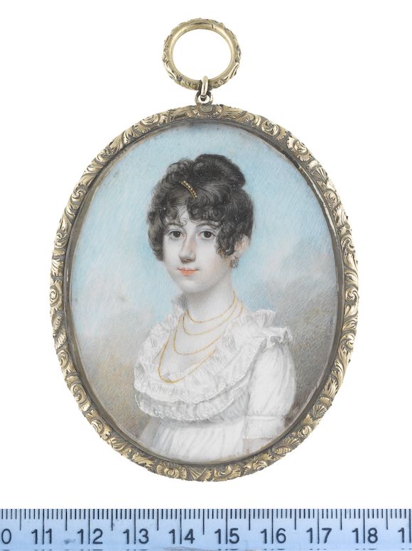 Bonhams : English School, circa 1810 A Lady, wearing white dress with ...