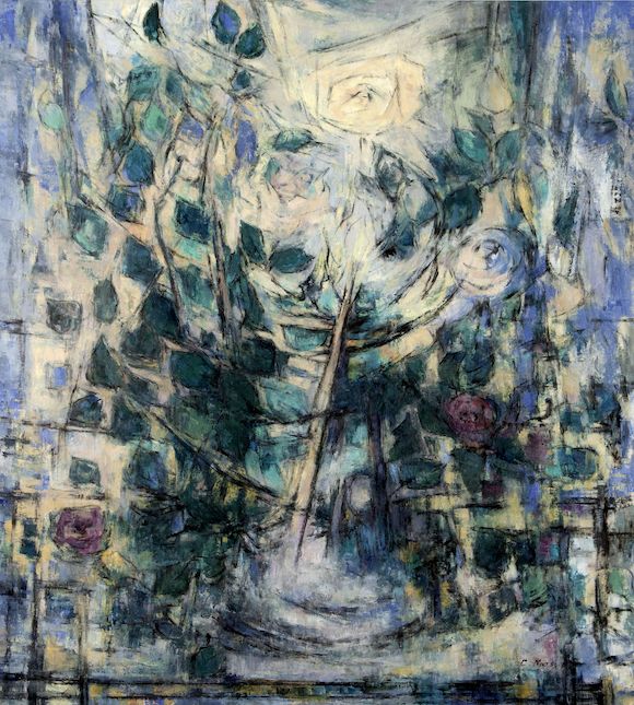 Bonhams : Clio Natsi (Greek, born 1929) Blue leaves with roses 106 x 95 cm.
