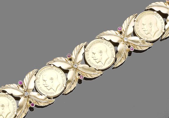 Bonhams : A ruby and diamond-set sovereign bracelet