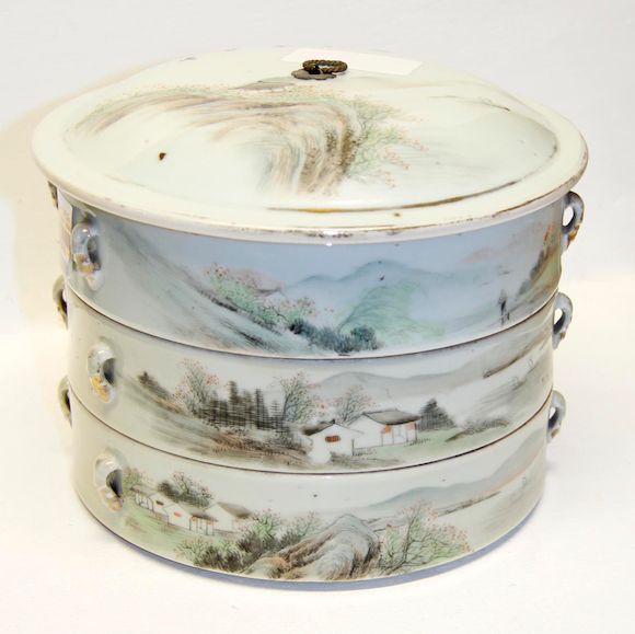 Bonhams : Three stacking Chinese porcelain supper dishes and cover