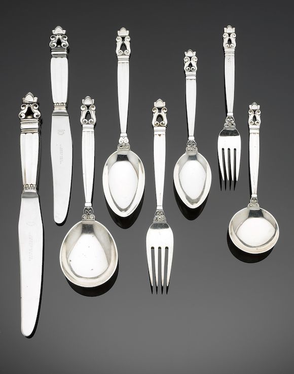 Bonhams : GEORG JENSEN: A silver Acorn (Konge) pattern table service of ...
