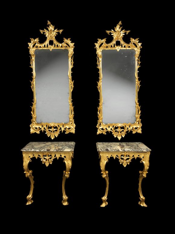 Bonhams : A pair of late George II carved giltwood console tables with ...