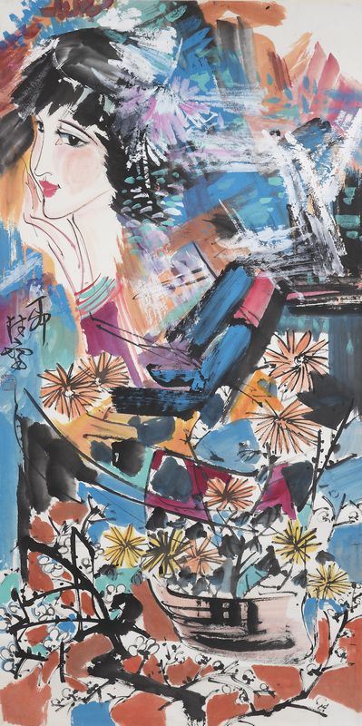 Bonhams : Lin Yong (b.1942) Girl with Prunus and Chrysanthemums