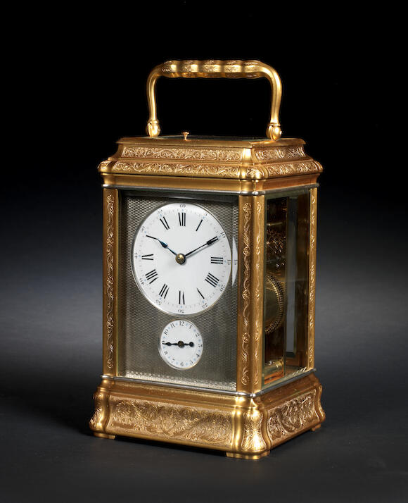 Bonhams : A fine and rare late 19th century French striking and repeating engraved gilt brass ...
