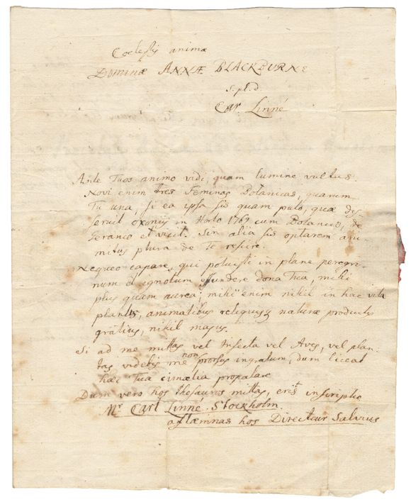Bonhams : LINNAEUS (CARL) Autograph letter in the third person (headed ...