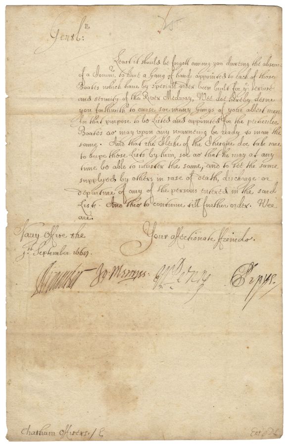 Bonhams : PEPYS (SAMUEL) Letter signed ('SPepys'), also signed by ...