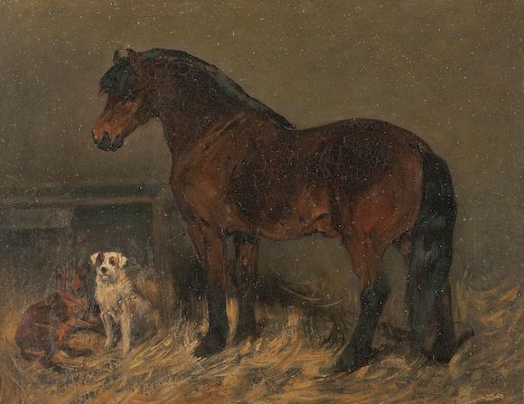 Bonhams : John Emms (British, 1843-1912) Horse in a Stable with two dogs