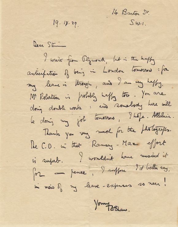Bonhams : LAWRENCE (T.E.) Autograph letter signed (TEShaw), to John ...