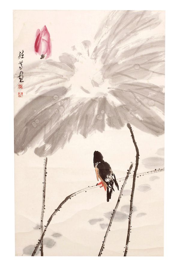 Bonhams : Attributed to He Jidu (1939 - ) Crow and Lotus