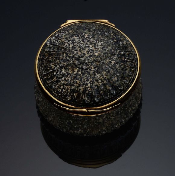 Bonhams : A mid 18th century German gold-mounted granite circular snuff ...