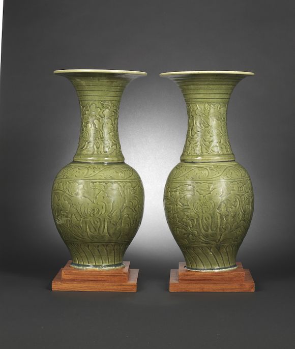 Bonhams : A pair of Longquan carved celadon trumpet-neck vases Yuan ...