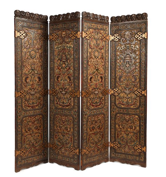 Bonhams : A late 19th century Italian carved walnut and worked leather ...
